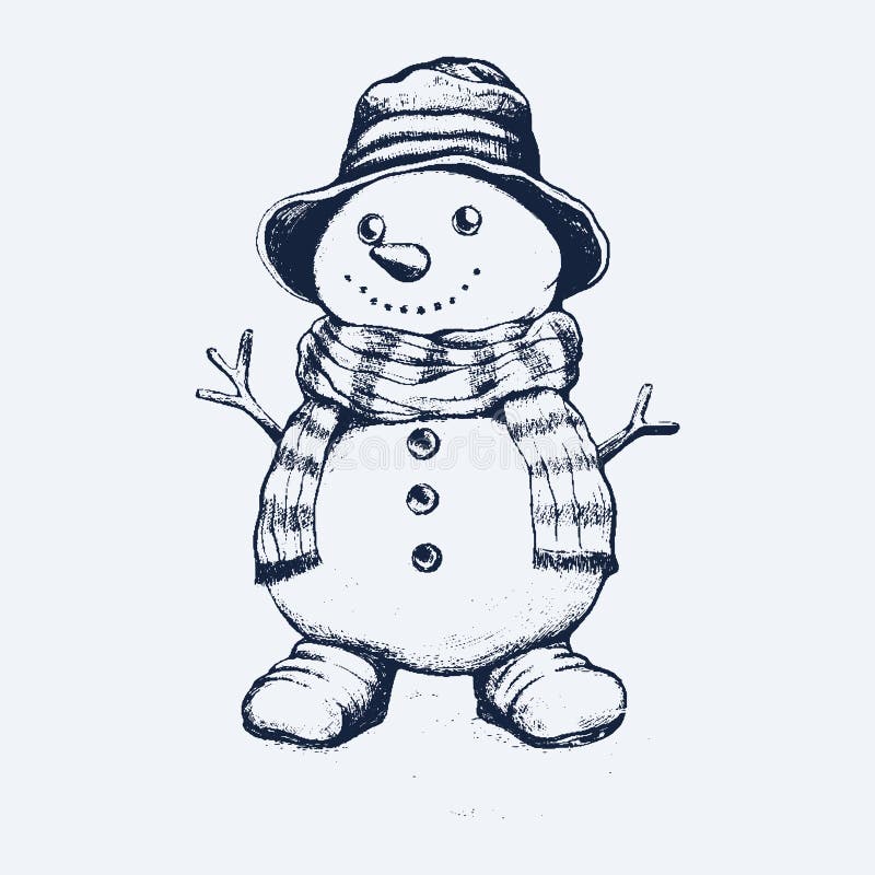 Snowman Hand Drawing in Vintage Style. Stock Vector - Illustration of ...
