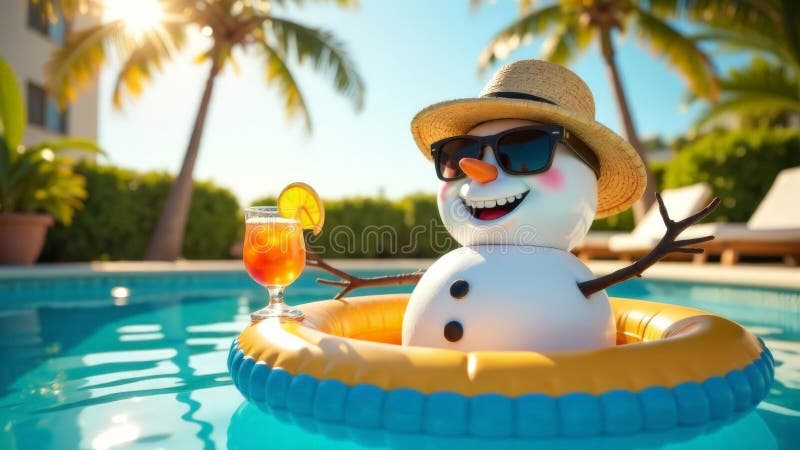 A Snowman in a Hat and Sunglasses with a Cocktail Swims in a Pool Under ...