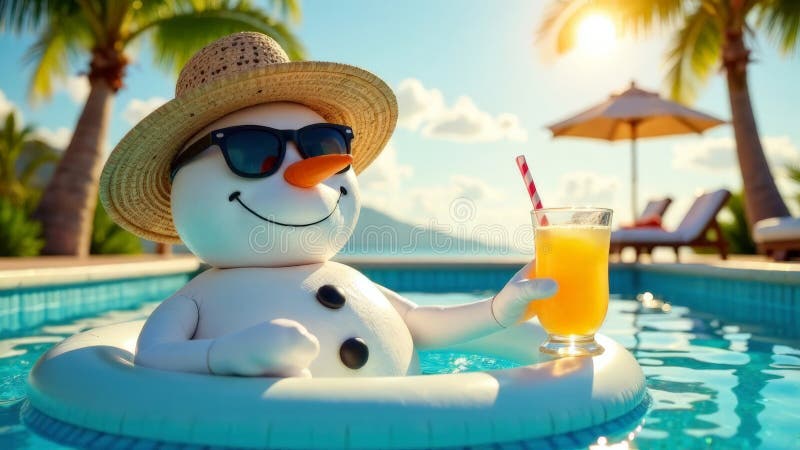A Snowman in a Hat and Sunglasses with a Cocktail Swims in a Pool Under ...
