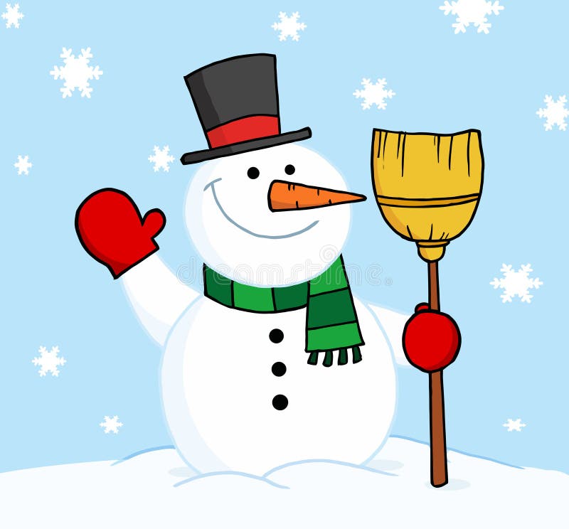 Snowman Holding a Broom and Waving Stock Vector - Illustration of ...