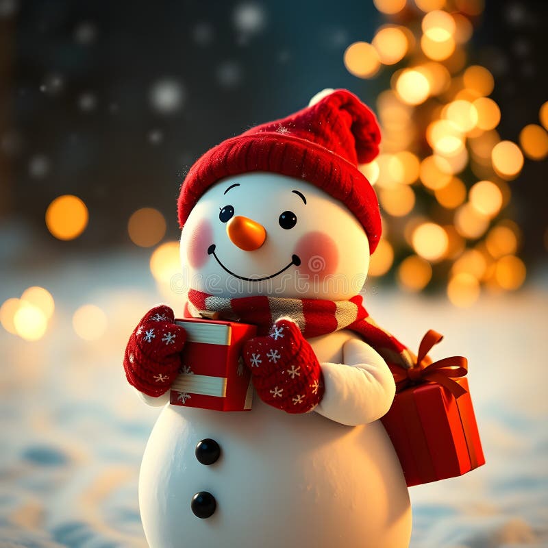 A Snowman is Holding a Red Box and a Red Scarf Stock Illustration ...