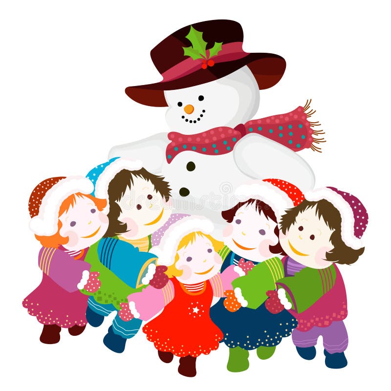 Snowman hugging kids stock illustration. Illustration of nice - 17468325