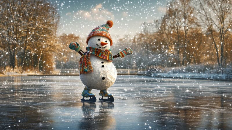 Snowman Ice Skating on Winter Lake. Generative AI. Stock Illustration ...