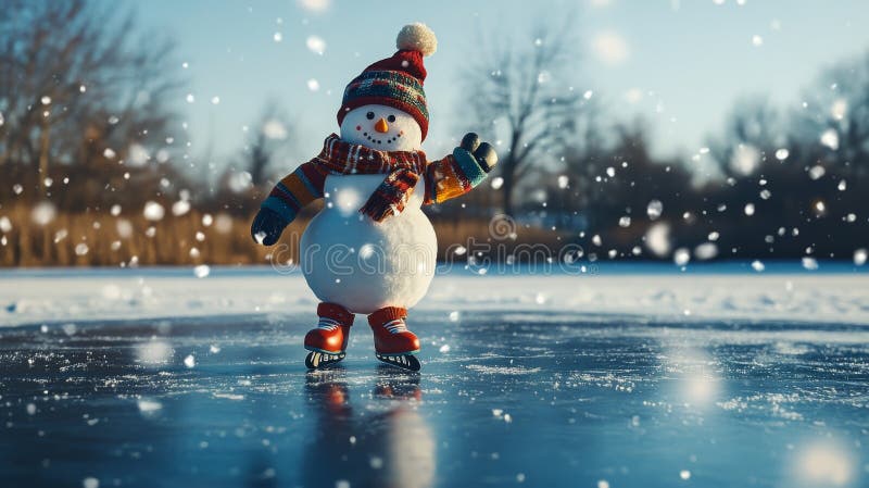 Snowman Ice Skating on Winter Lake. Generative AI. Stock Illustration ...