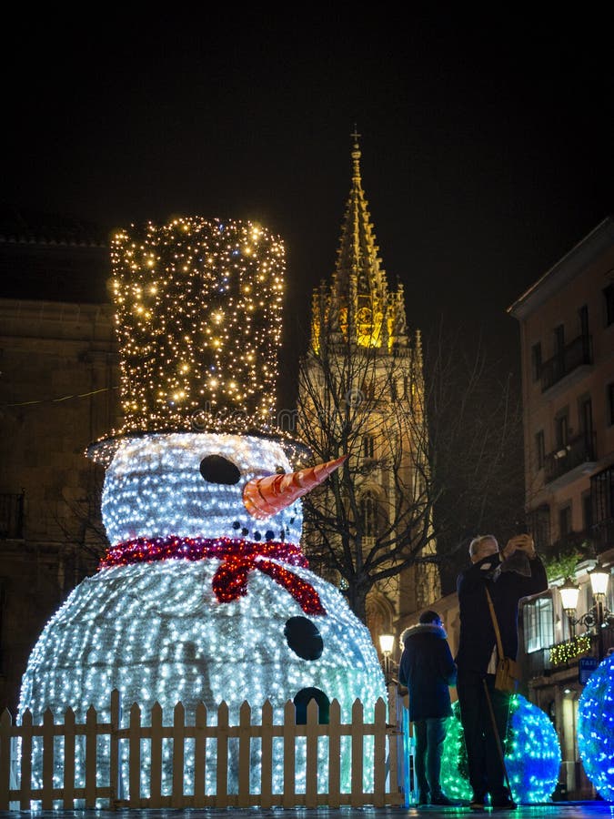 Snowman with Lights on the Street Editorial Stock Image - Image of ...