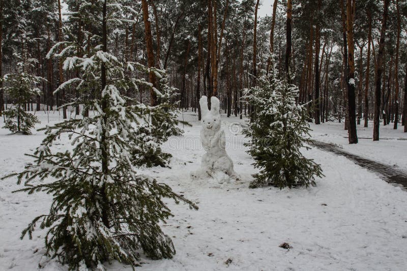 The Snowman is Made in the Form of a Rabbit. Winter Park in Kyiv Stock ...