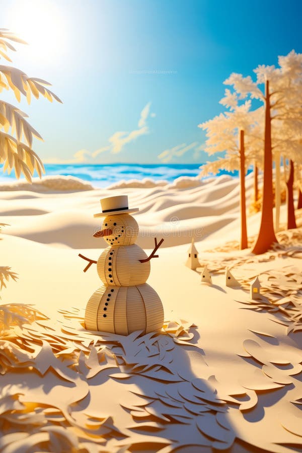 Snowman Made Out of Paper in the Snow with Trees in the Background ...