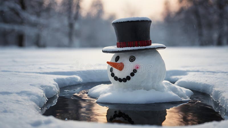 Snowman Melt on the Water with a Hat on Stock Illustration ...