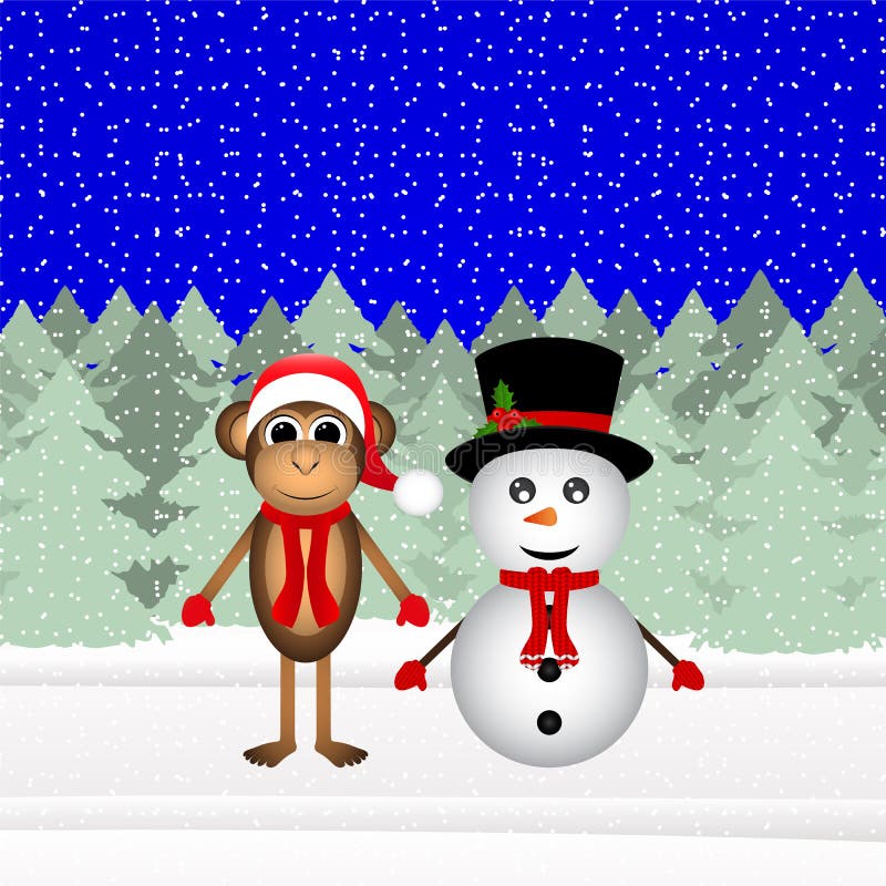 Snowman and a monkey stock illustration. Illustration of holly - 62215004