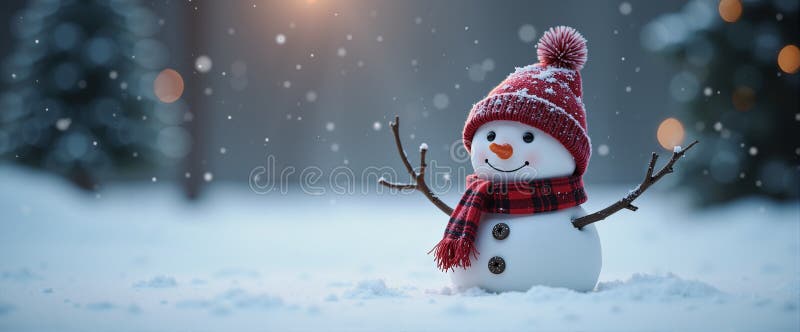 Snowman Outside in Falling Snow, with Pine Trees and Sparkling Lights ...