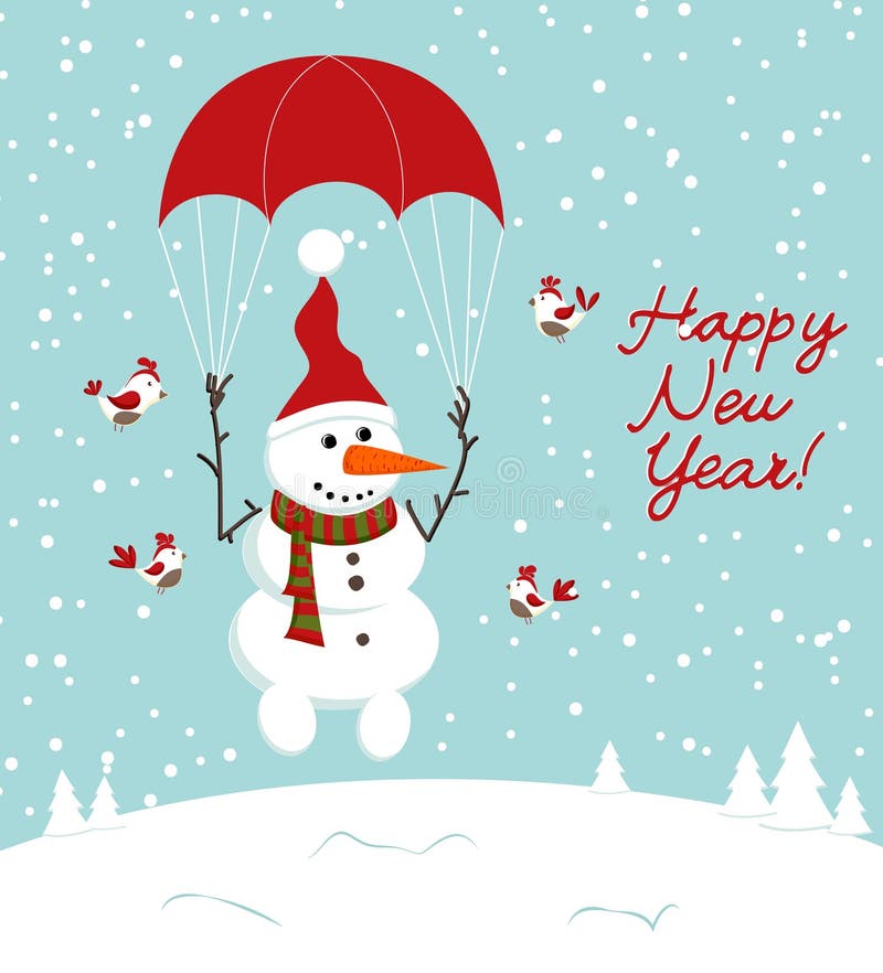 Snowman with a Parachute and Birds Stock Vector - Illustration of ...