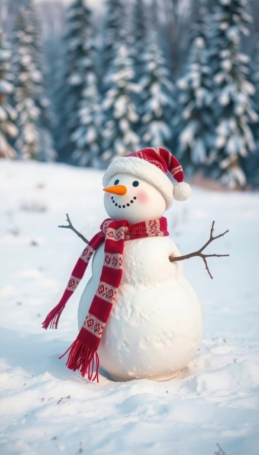Snowman with Red Hat and Scarf Stock Illustration - Illustration of ...
