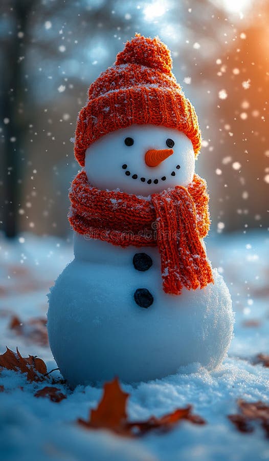 A Snowman with a Red Hat and Scarf is Standing in the Snow Stock Image ...