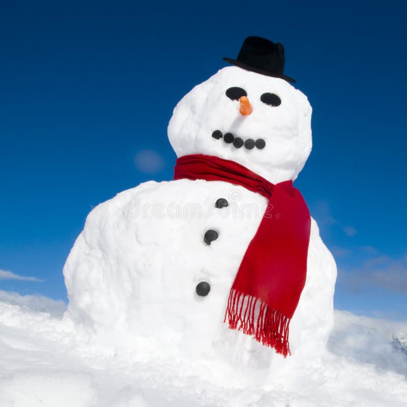Snowman with a Red Scarf and Black Hat Concept Stock Photo - Image of ...
