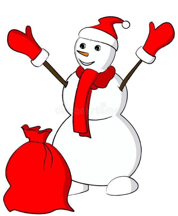 Snowman with Red Scarf and a Sack Stock Vector - Illustration of comic ...