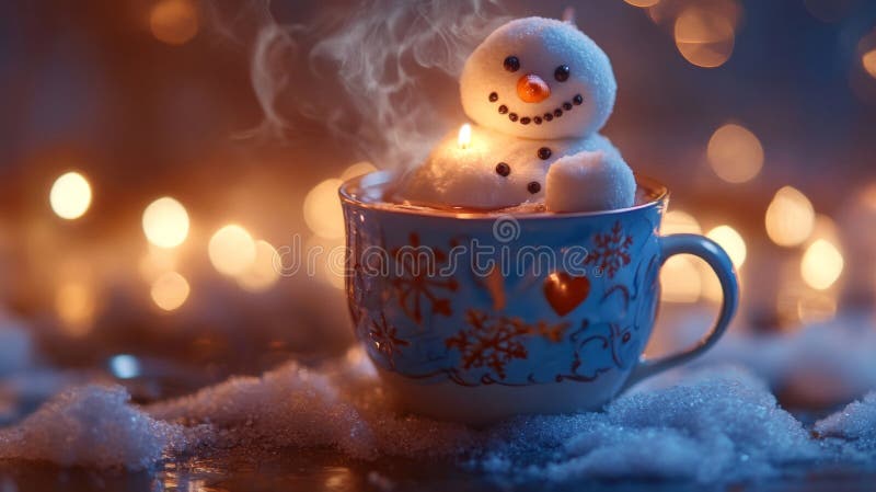 Snowman Relaxing in a Cup of Hot Cocoa with Steam Rising Stock ...