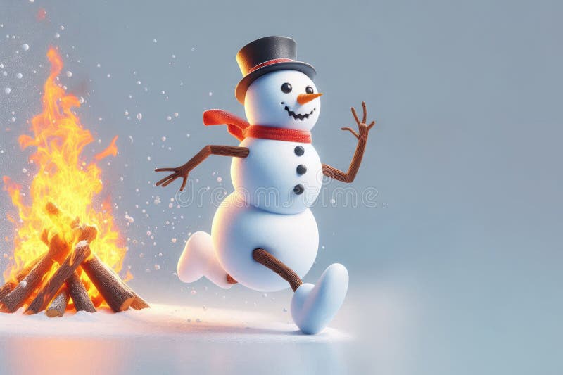 The Snowman Runs Away from the Fire. Space for Text. Stock Image ...