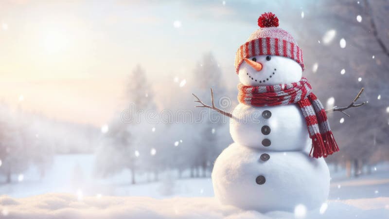 Snowman with Scarf and Hat in Snowy Winter Landscape Stock Video ...