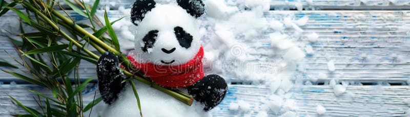 A Snowman Shaped Like a Giant Panda Munching on Bamboo with Ample Copy ...
