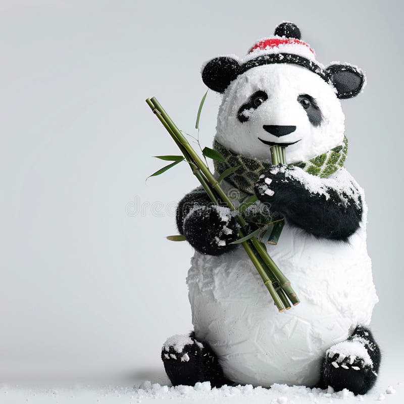 A Snowman Shaped Like a Giant Panda Munching on Bamboo with Ample Copy ...