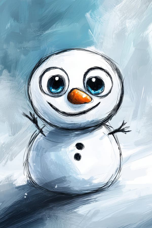 A Snowman Sketch with Blue Eyes and Smiling Face Against a Blue ...