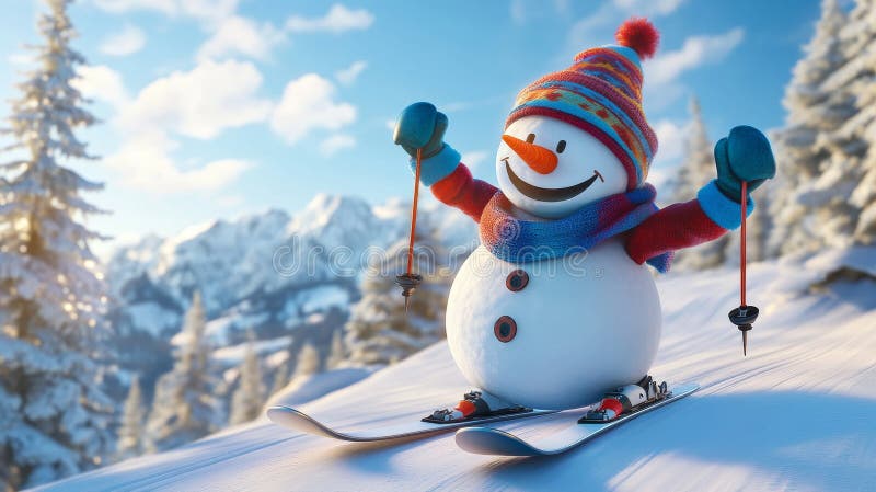 Snowman Skiing Down a Snowy Mountain Slope. Generative AI. Stock ...