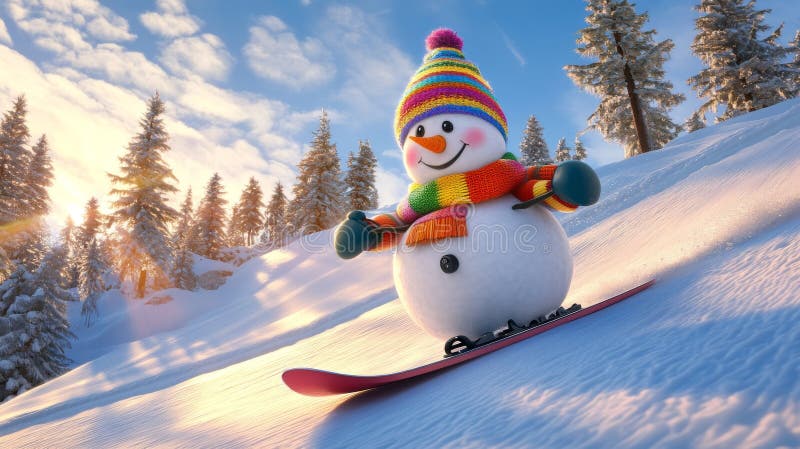 Snowman Skiing Down a Snowy Mountain Slope. Generative AI. Stock ...
