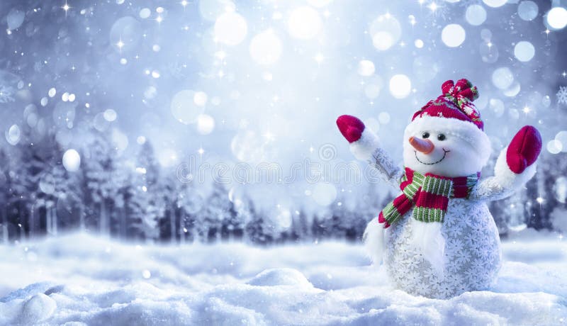 Snowman on Snow in Forest with Snowfall Stock Image - Image of white ...