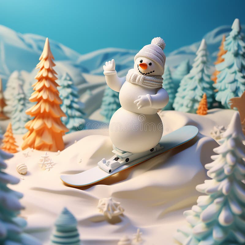 Snowman Snowboarding in Whimsical Winter Scenery. Stock Illustration ...