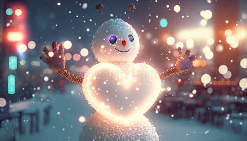 Snowman with Sparkling Heart on the Street Stock Illustration ...