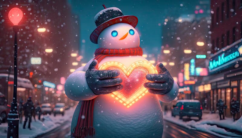 Snowman with Sparkling Heart on the Street Stock Illustration ...