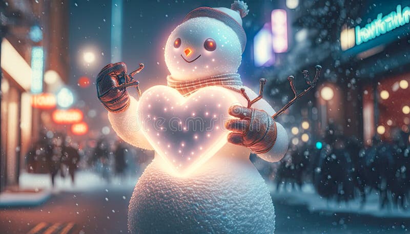 Snowman with Sparkling Heart on the Street Stock Illustration ...