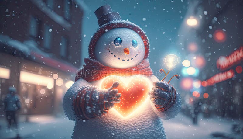 Snowman with Sparkling Heart on the Street Stock Illustration ...