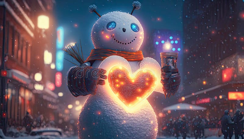 Snowman with Sparkling Heart on the Street Stock Illustration ...