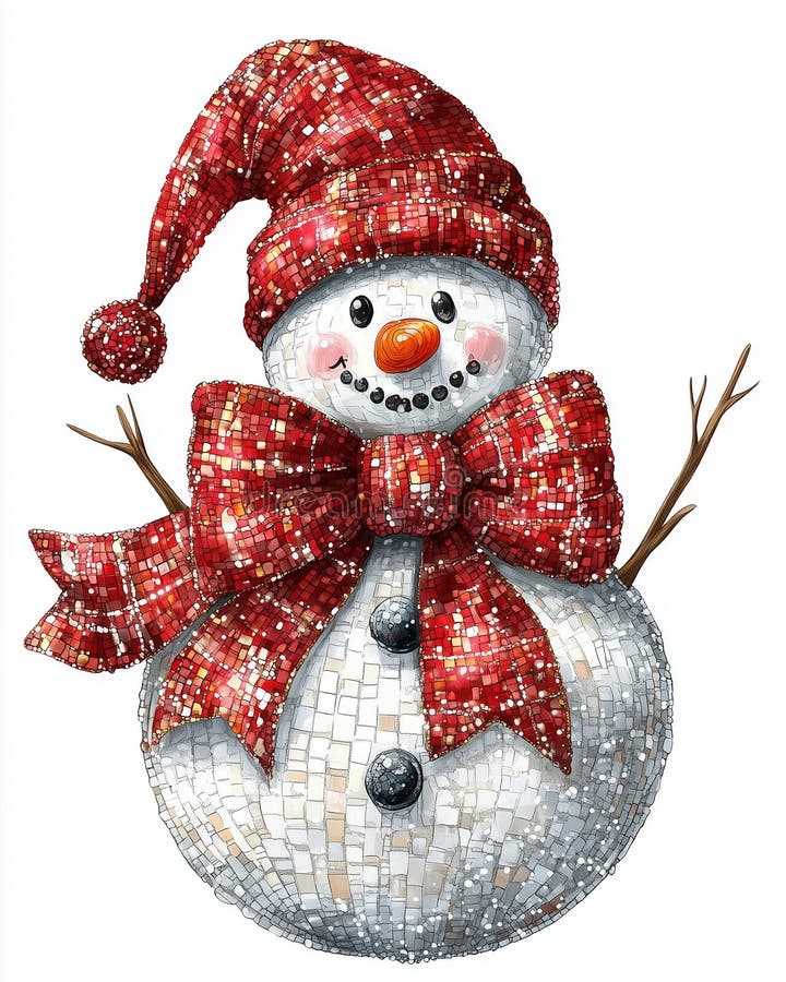 Snowman with a Sparkling Red Hat and Bow, Perfect for Adding a Touch of ...