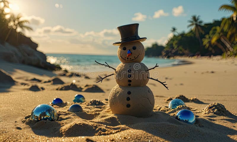A Snowman is Standing on the Beach with a Backdrop of Palm Trees and ...