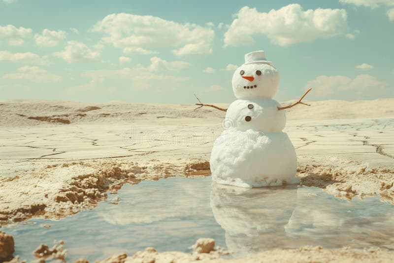 Snowman Standing in a Desert in a Puddle of Water. Global Warming ...