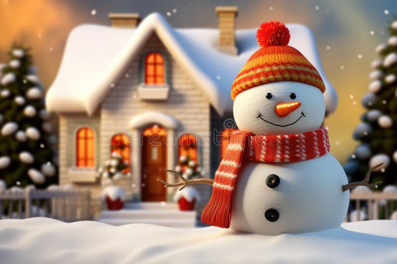 A Snowman Standing in Front of a House. Perfect for Winter-themed ...