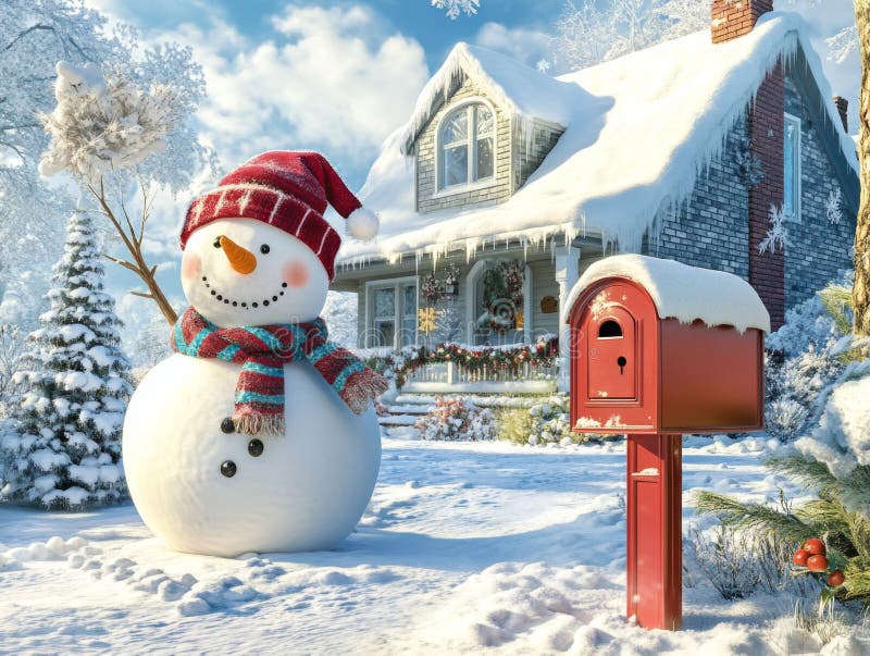 Snowman Standing Near a Snowy House with a Red Mailbox Stock ...