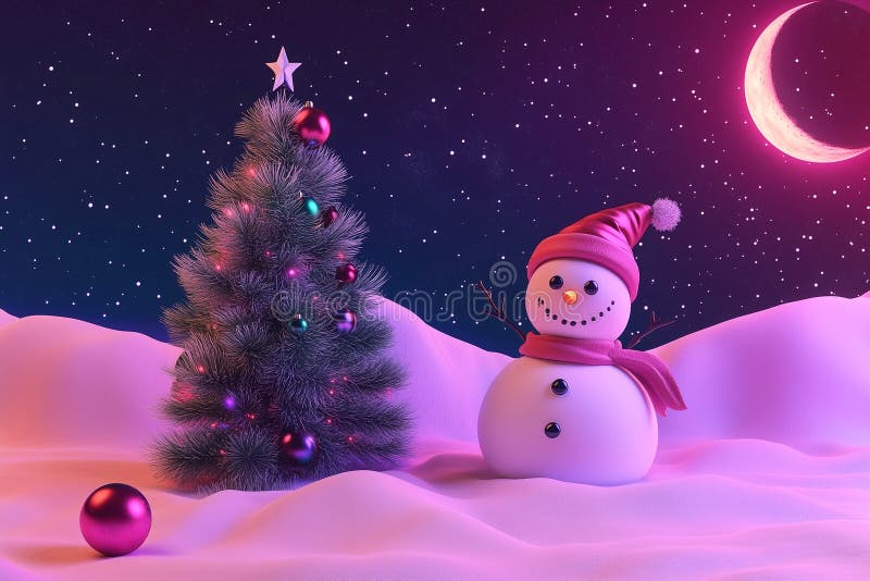 Snowman Standing on the Snow with Christmas Tree. Christmas Nigh. by ...