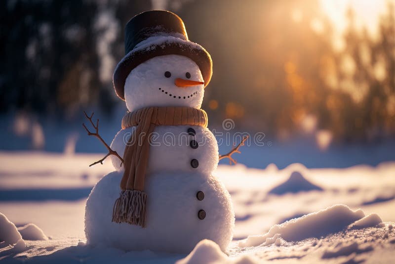 A Snowman Standing in the Snow at Sunset Stock Illustration ...