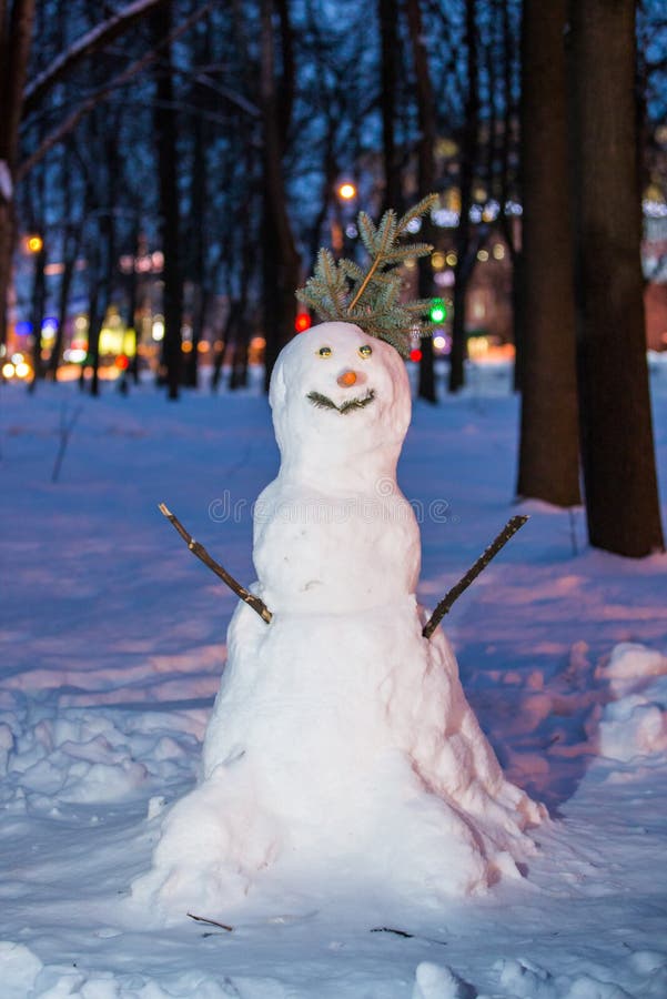 Snowman Standing in Winter Park Stock Photo - Image of cute, head: 98519232
