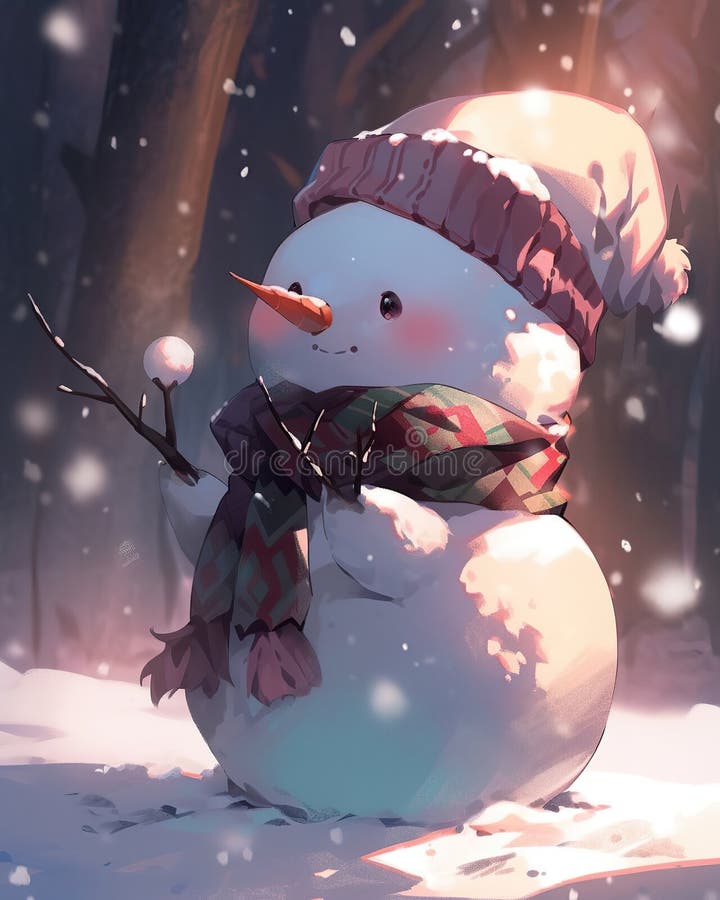 Snowman Standing in Winter while Snow is Falling, Anime Artwork Stock ...