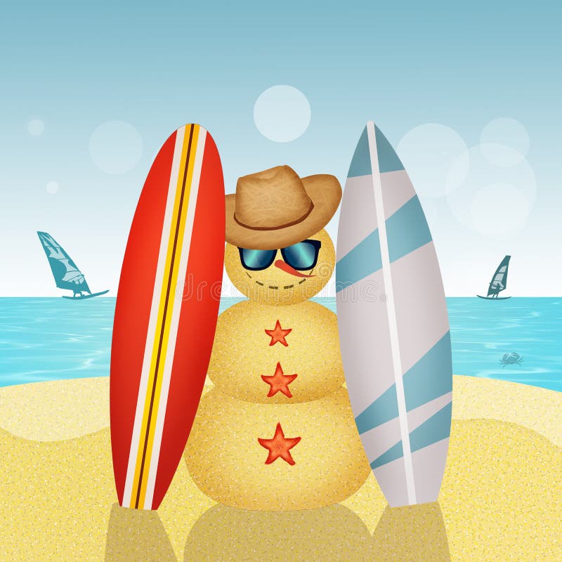 Snowman with Surf on the Beach Stock Illustration - Illustration of ...
