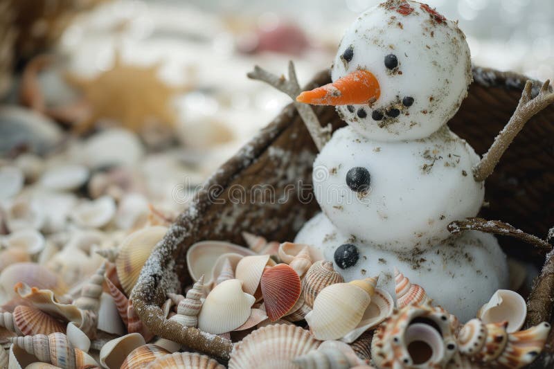 Snowman Surrounded by Seashells, Collecting Them in a Bag Stock Photo ...