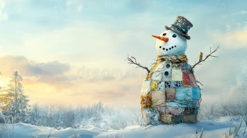 A Snowman with a Top Hat and Scarf Standing in the Middle of Some Trees ...
