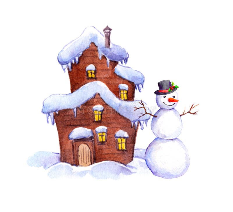 Snowman and Winter House. Watercolor Stock Illustration - Illustration ...