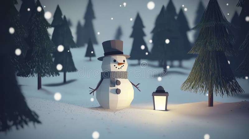 Snowman in Tranquil Winter Forest with Falling Snow and Pine Trees ...