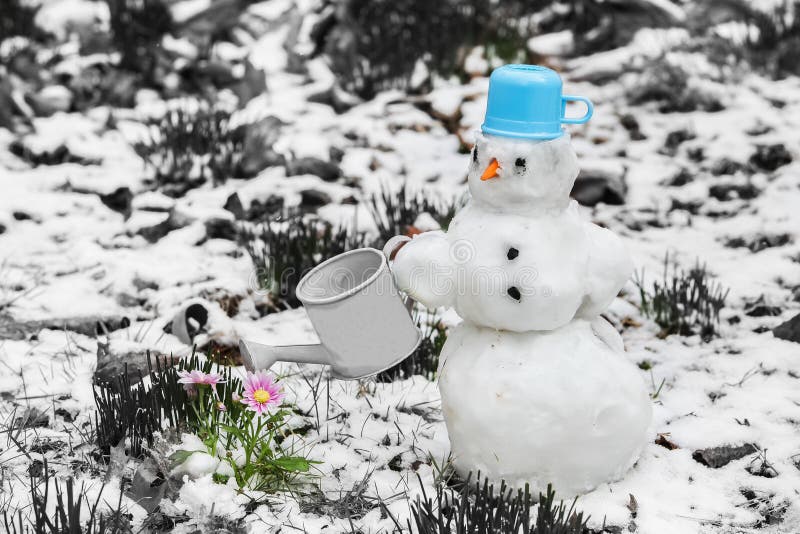 Snowman waiting for spring stock photo. Image of lonely - 193616006