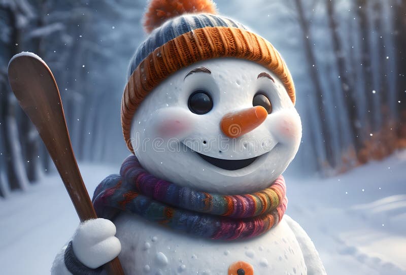 Snowman in a Warm Hat, he Smiles, is Happy, because he is Handsome and ...